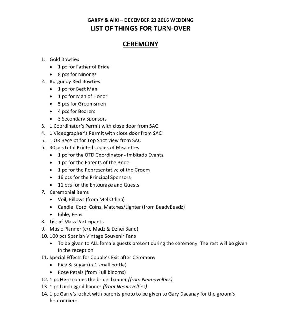 Wedding Turn-Over List – OUR BUDGET DREAM WEDDING